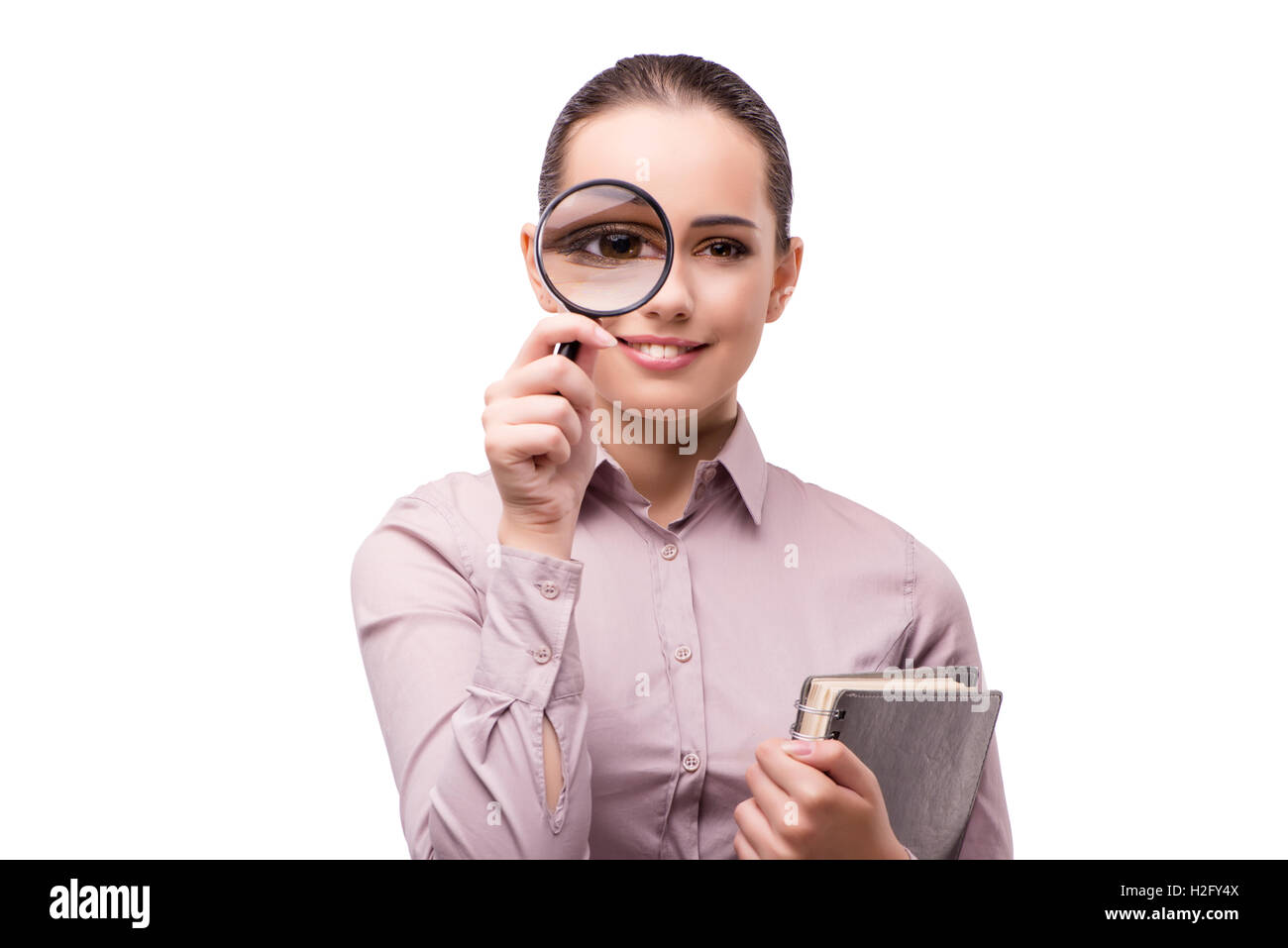 Young student with magnifying glass isolated on white Stock Photo - Alamy