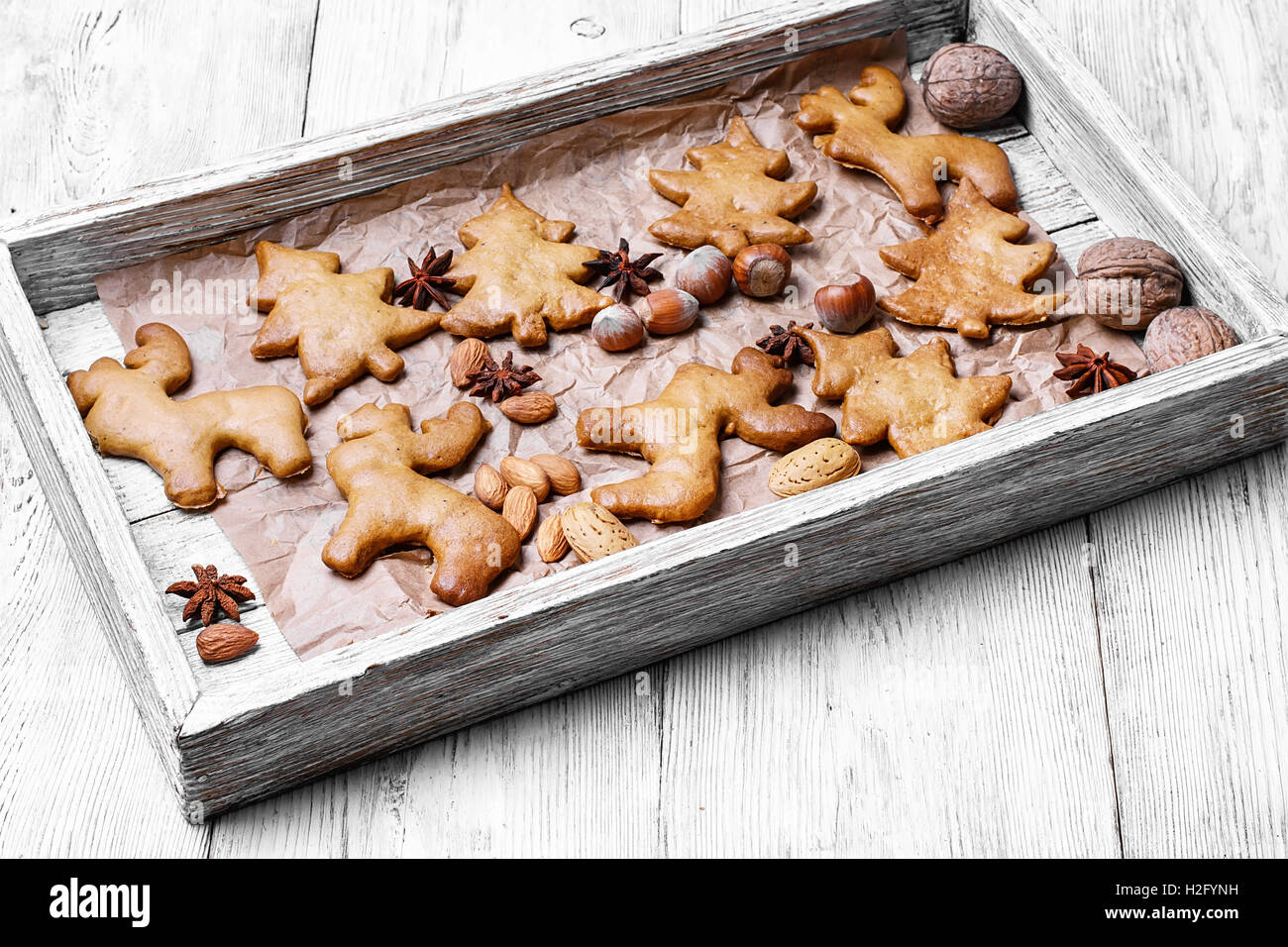 Homemade Christmas cookies holiday symbols in a wooden box Stock Photo ...