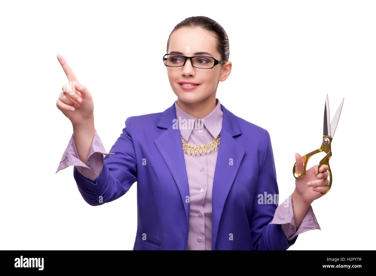 Young woman with scissors isolated on white Stock Photo - Alamy