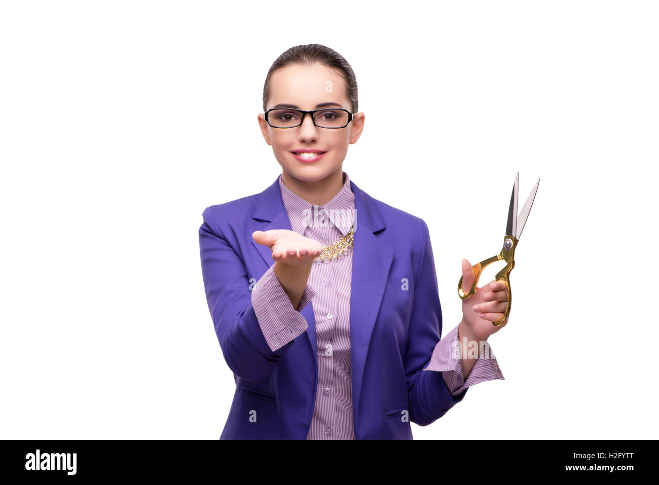 Young woman with scissors isolated on white Stock Photo - Alamy