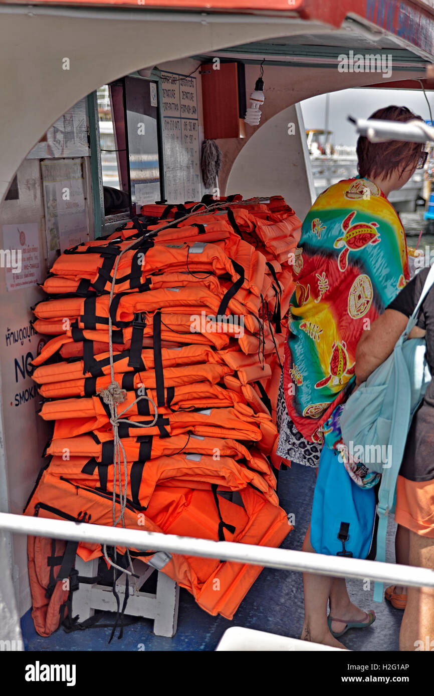 Stack of life jackets on a Thai cruise boat. Thailand S. E. Asia Stock ...
