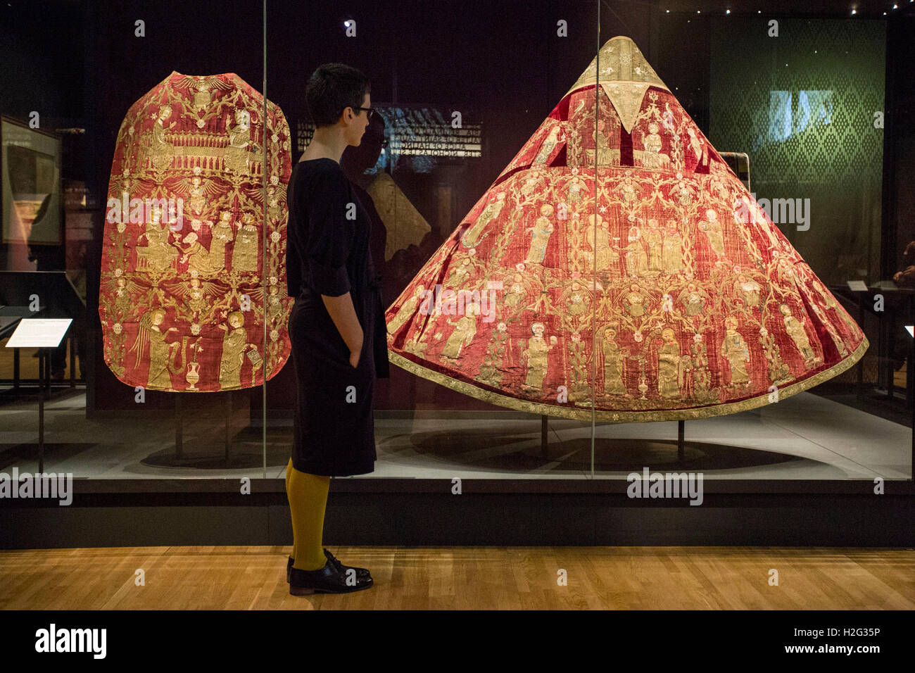 A woman looks at the Butler-Boden Cope on display as part of the Opus ...
