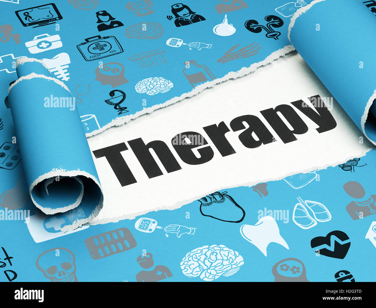 Medicine concept: black text Therapy under the piece of torn paper ...