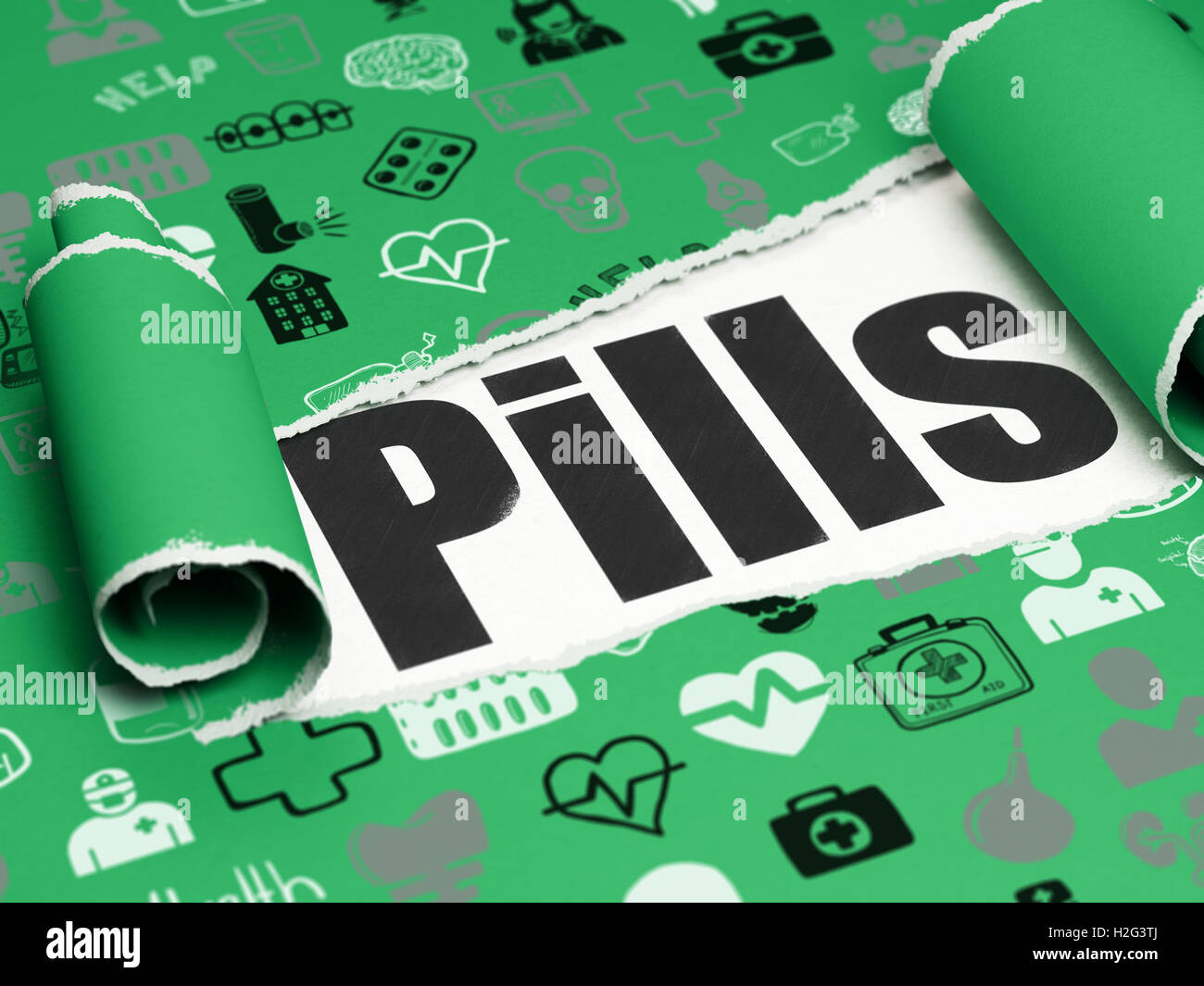 Medicine concept: black text Pills under the piece of torn paper Stock ...