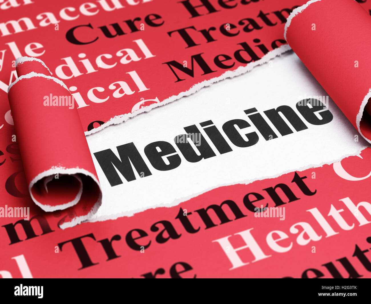 Medicine concept: black text Medicine under the piece of torn paper ...
