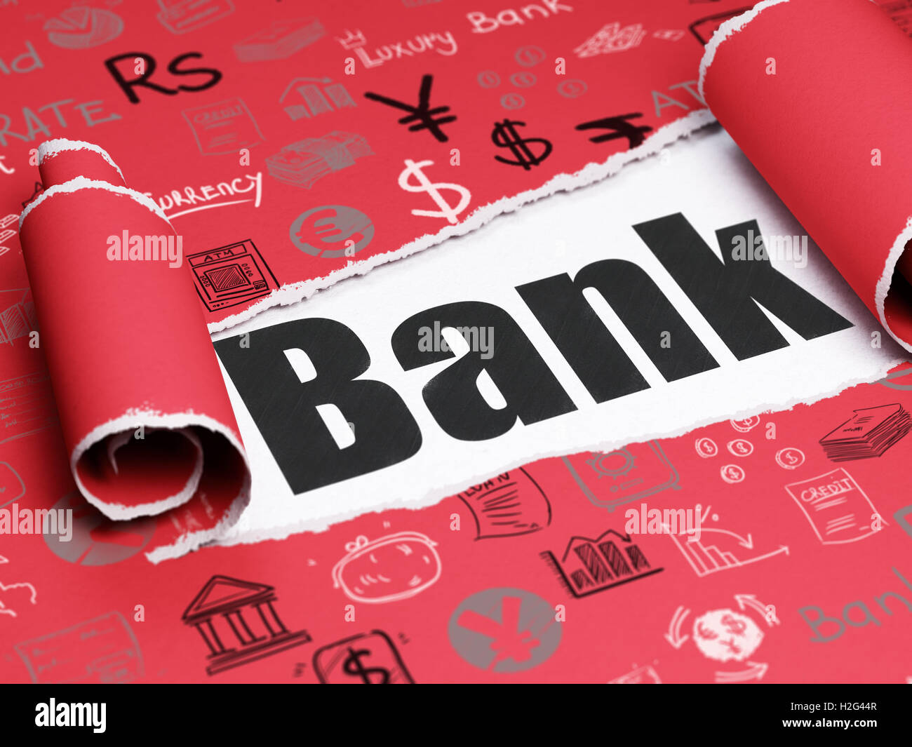 Currency concept: black text Bank under the piece of torn paper Stock ...