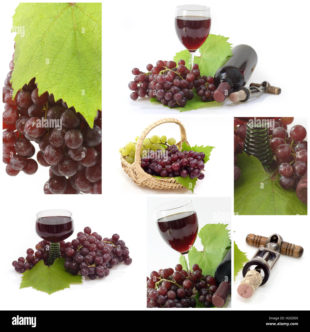 Red wine collage including pictures of grapes an grapeleafs Stock Photo ...
