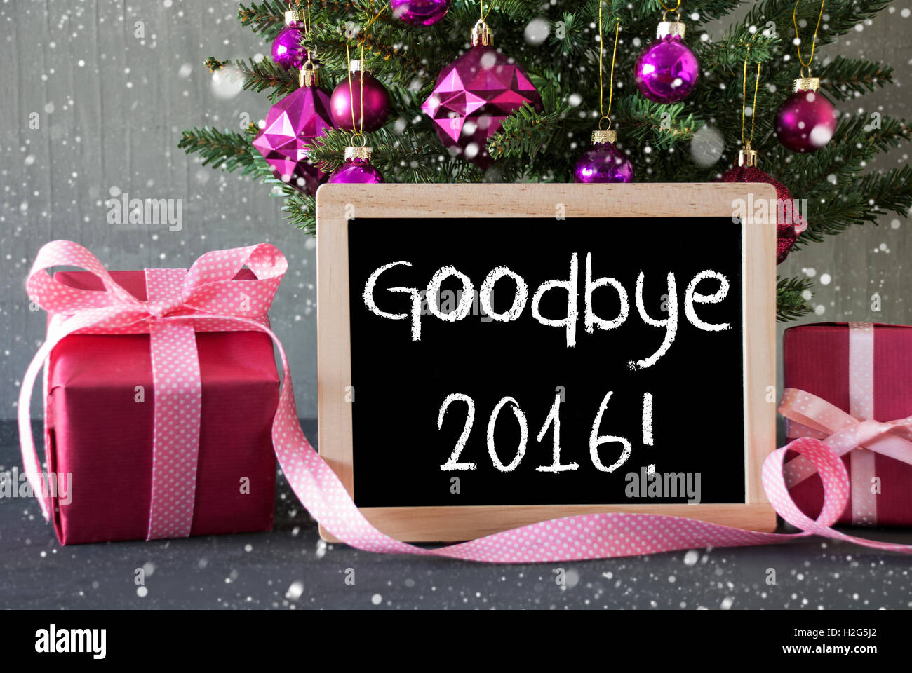 Tree With Gifts, Snowflakes, Text Goodbye 2016 Stock Photo - Alamy