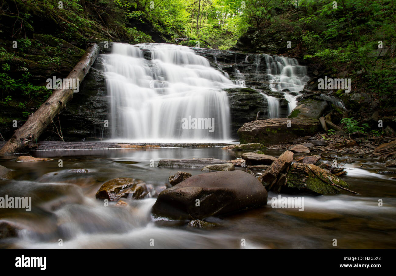 A long exposure of a medium sized waterfall in a lush green summer ...