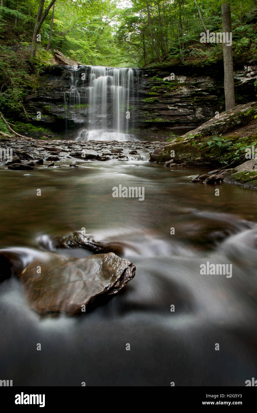 A long exposure of a scenic waterfall landscape in a bright green ...