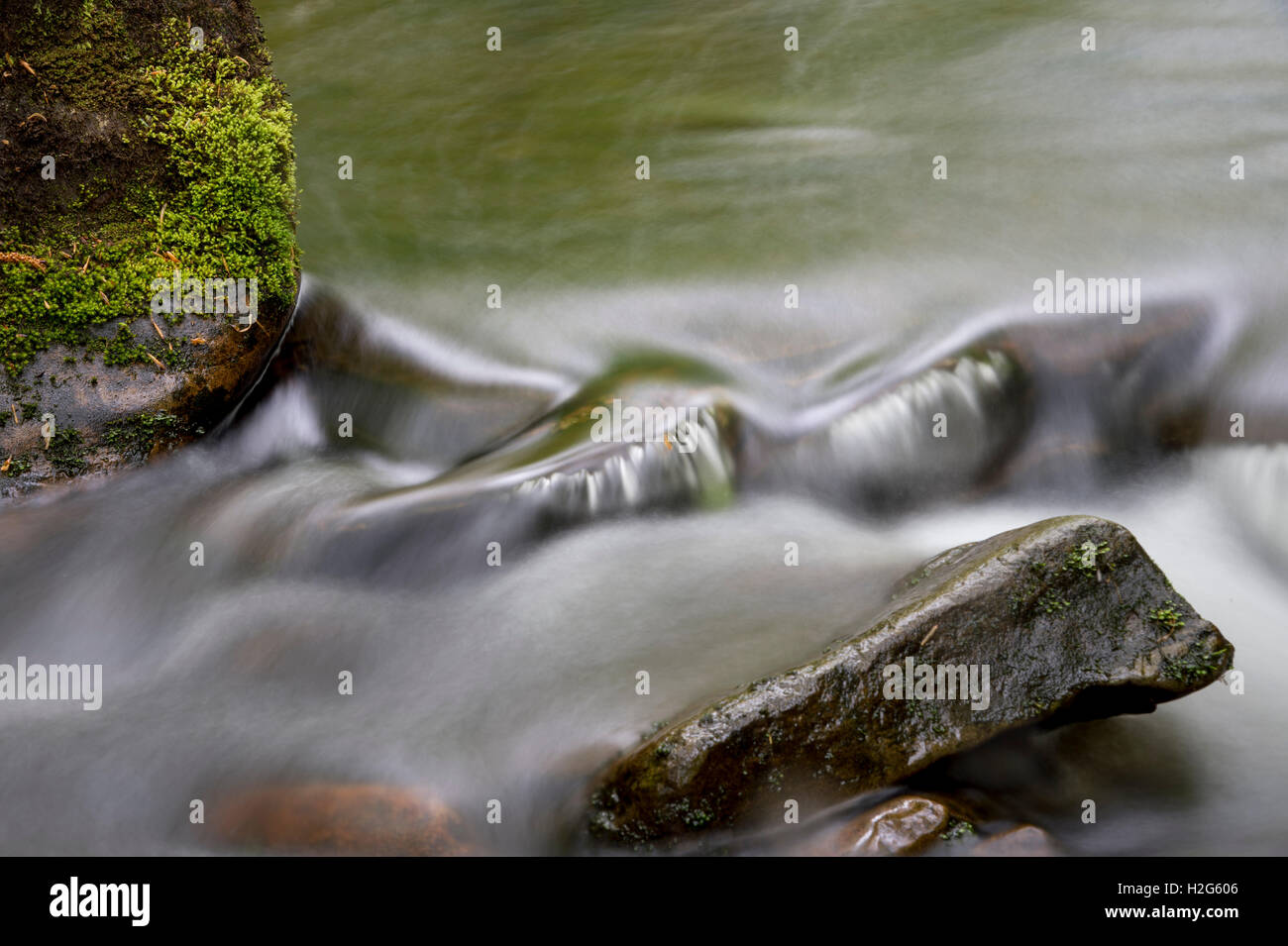 A long exposure of a scenic waterfall landscape in a bright green ...