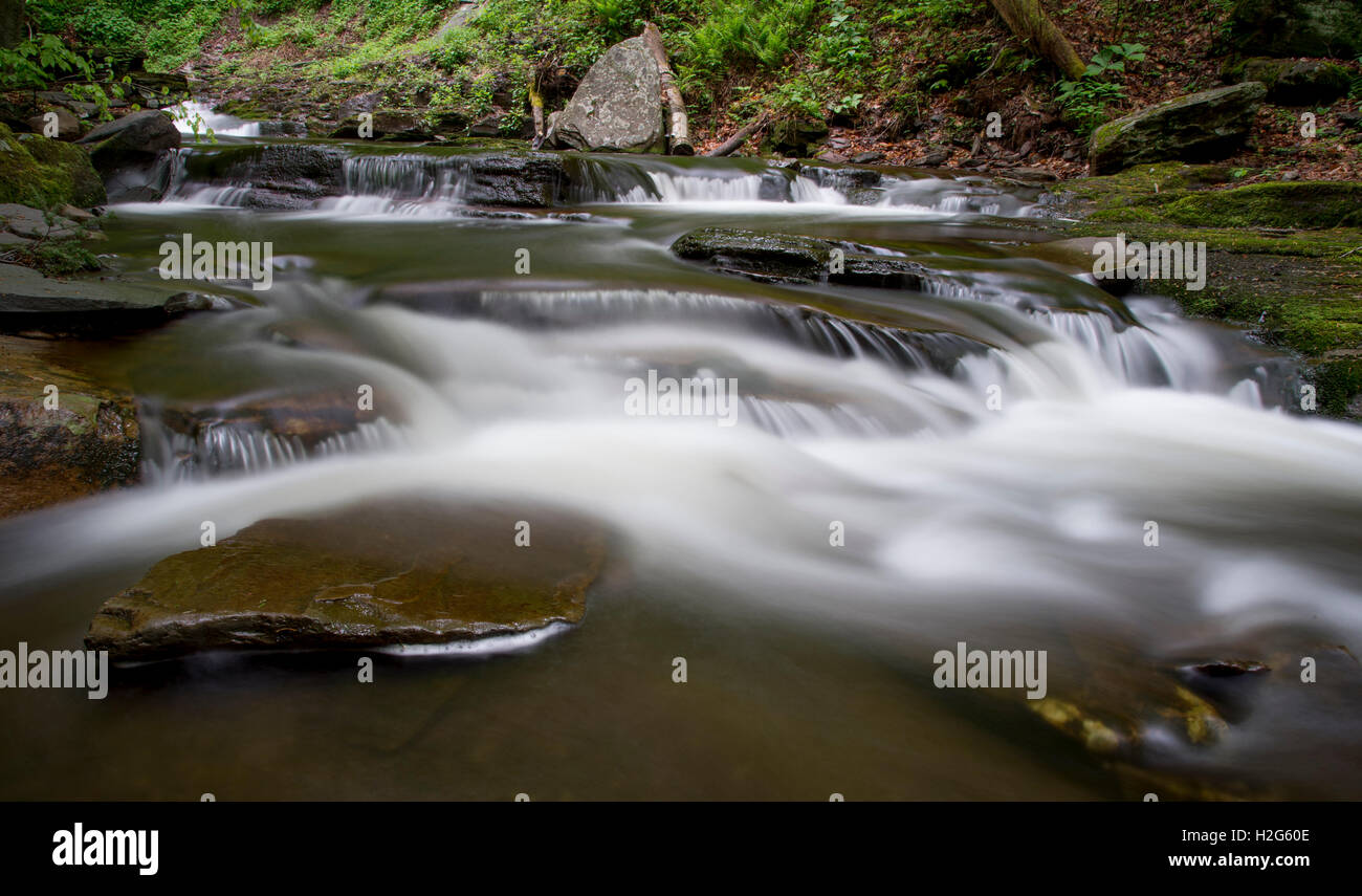 A long exposure of a scenic waterfall landscape in a bright green ...