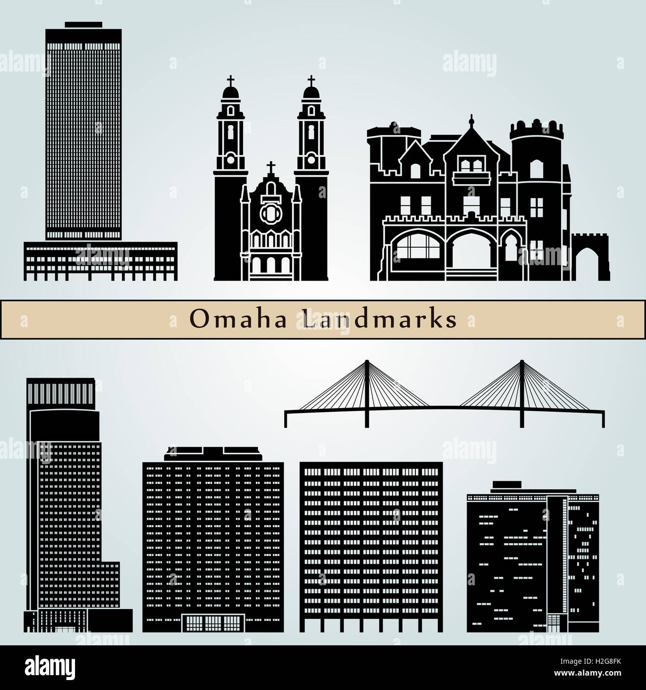 Omaha landmarks and monuments isolated on blue background in editable ...
