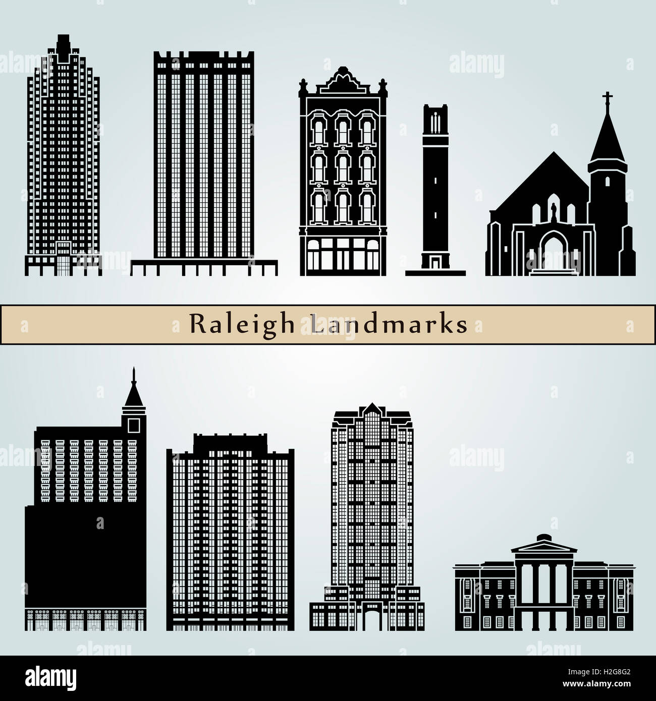 Raleigh landmarks and monuments isolated on blue background in editable ...