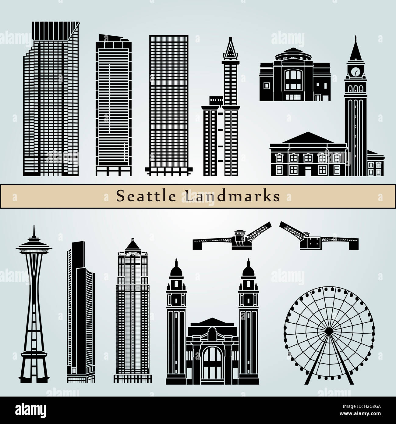 Seattle landmarks and monuments isolated on blue background in editable ...