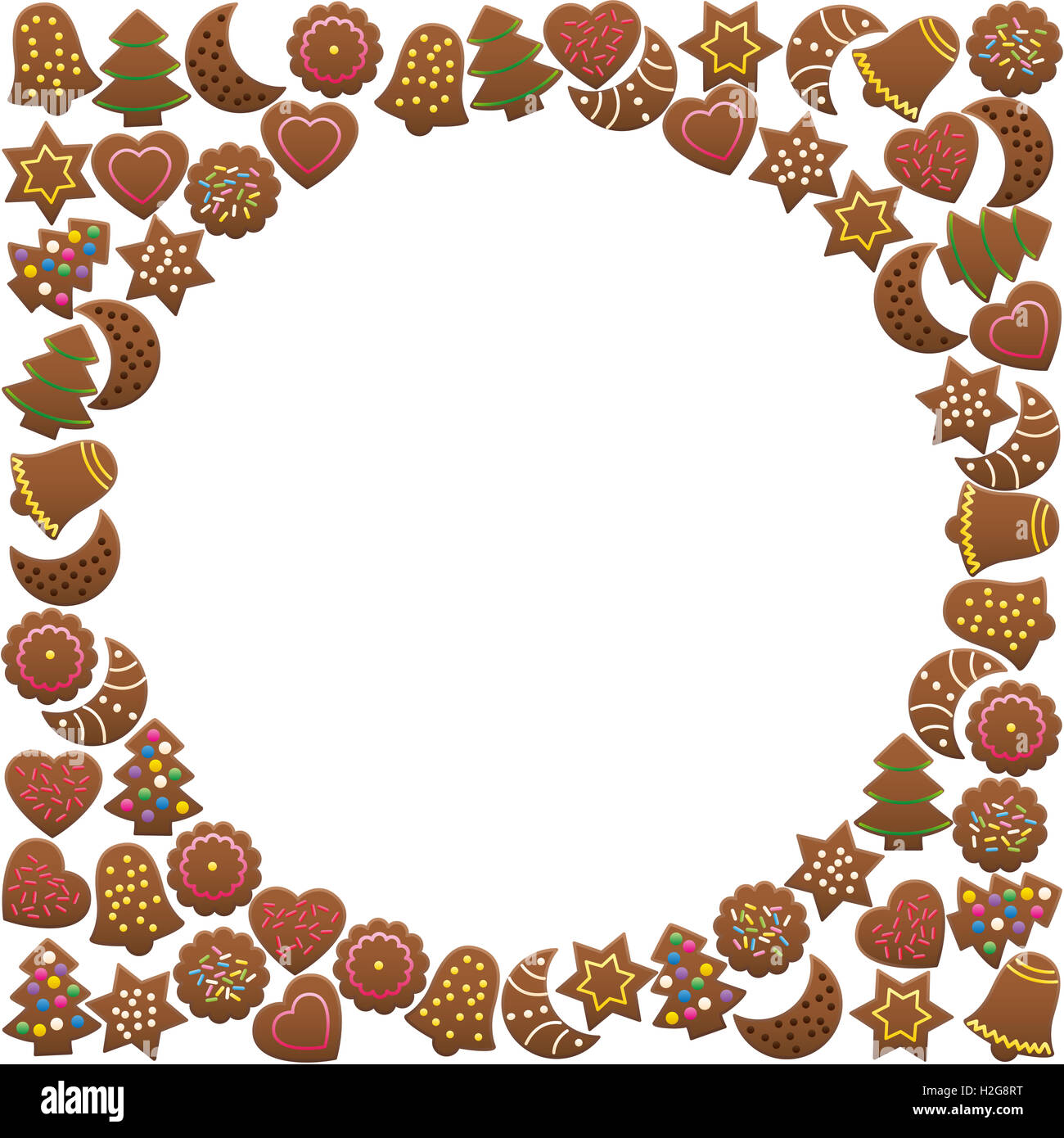 Gingerbread cookies forming a round frame. Illustration on white ...