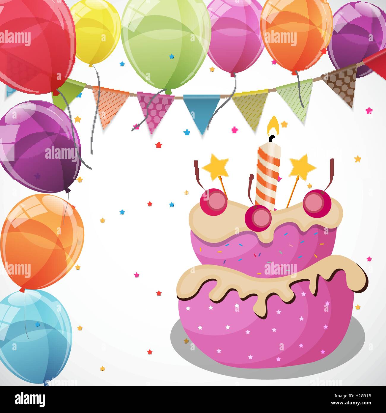 Color Glossy Happy Birthday Balloons, Flags and Cake Banner Back Stock ...
