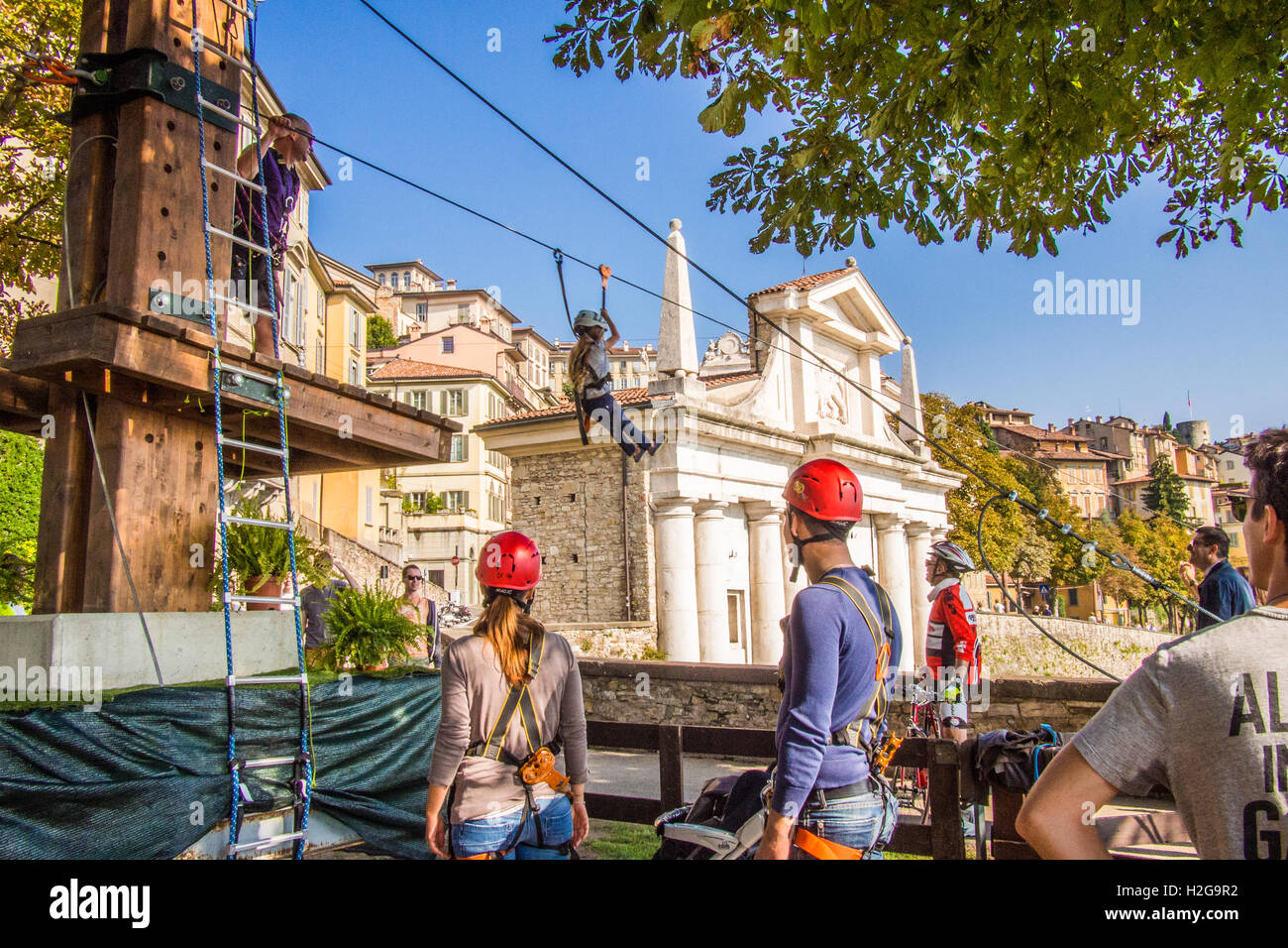 Girl on a Zip wire ride near Saint Giacomo gate in Citta Alta (High ...