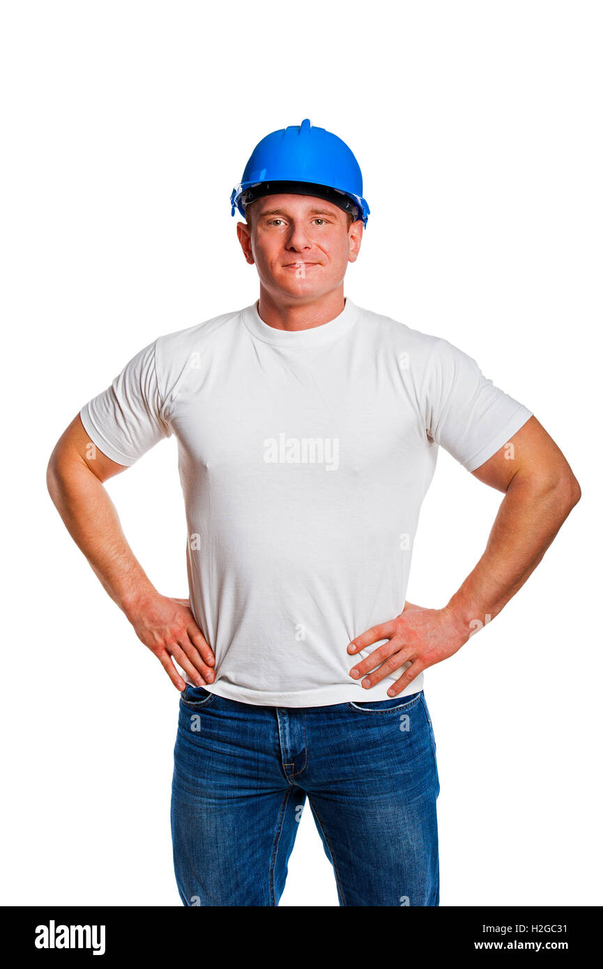 Worker man isolated with helmet and smiling Stock Photo - Alamy