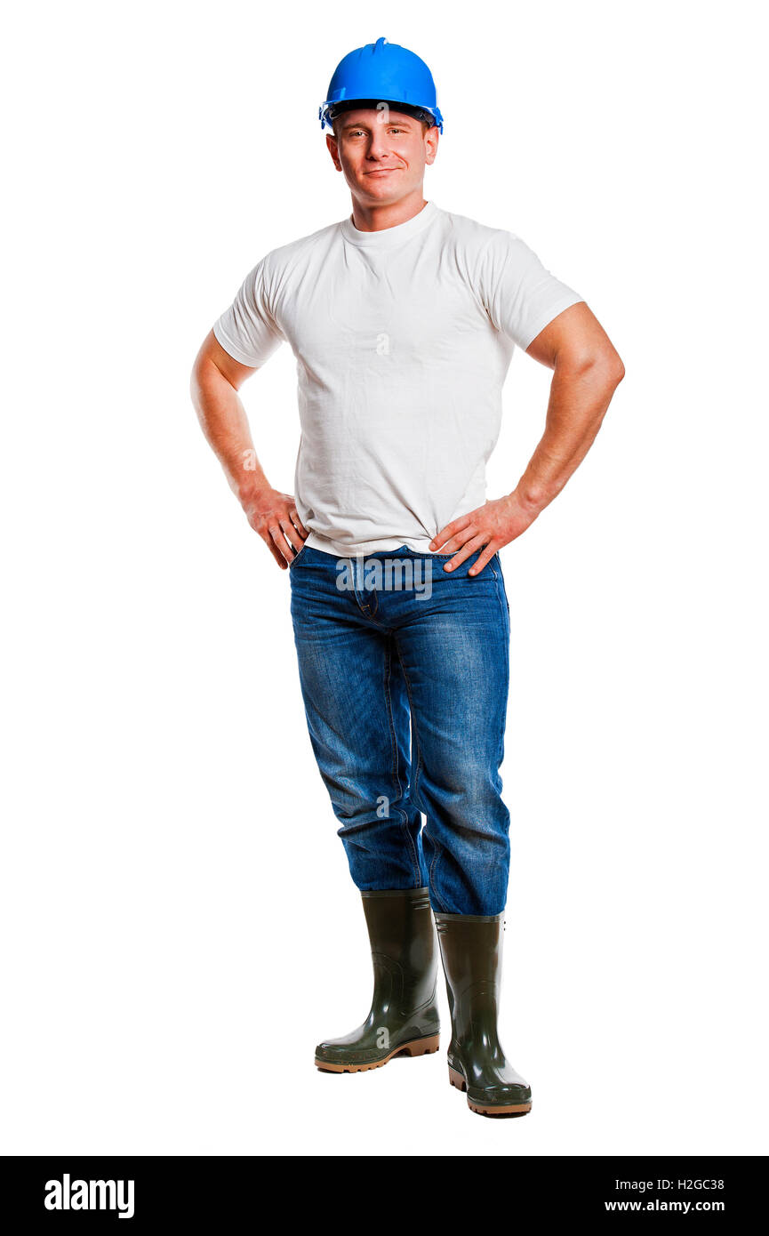 Worker man isolated with helmet and smiling Stock Photo - Alamy