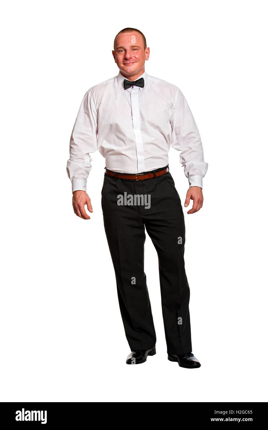 Elegant man standing over white background with bowtai Stock Photo - Alamy