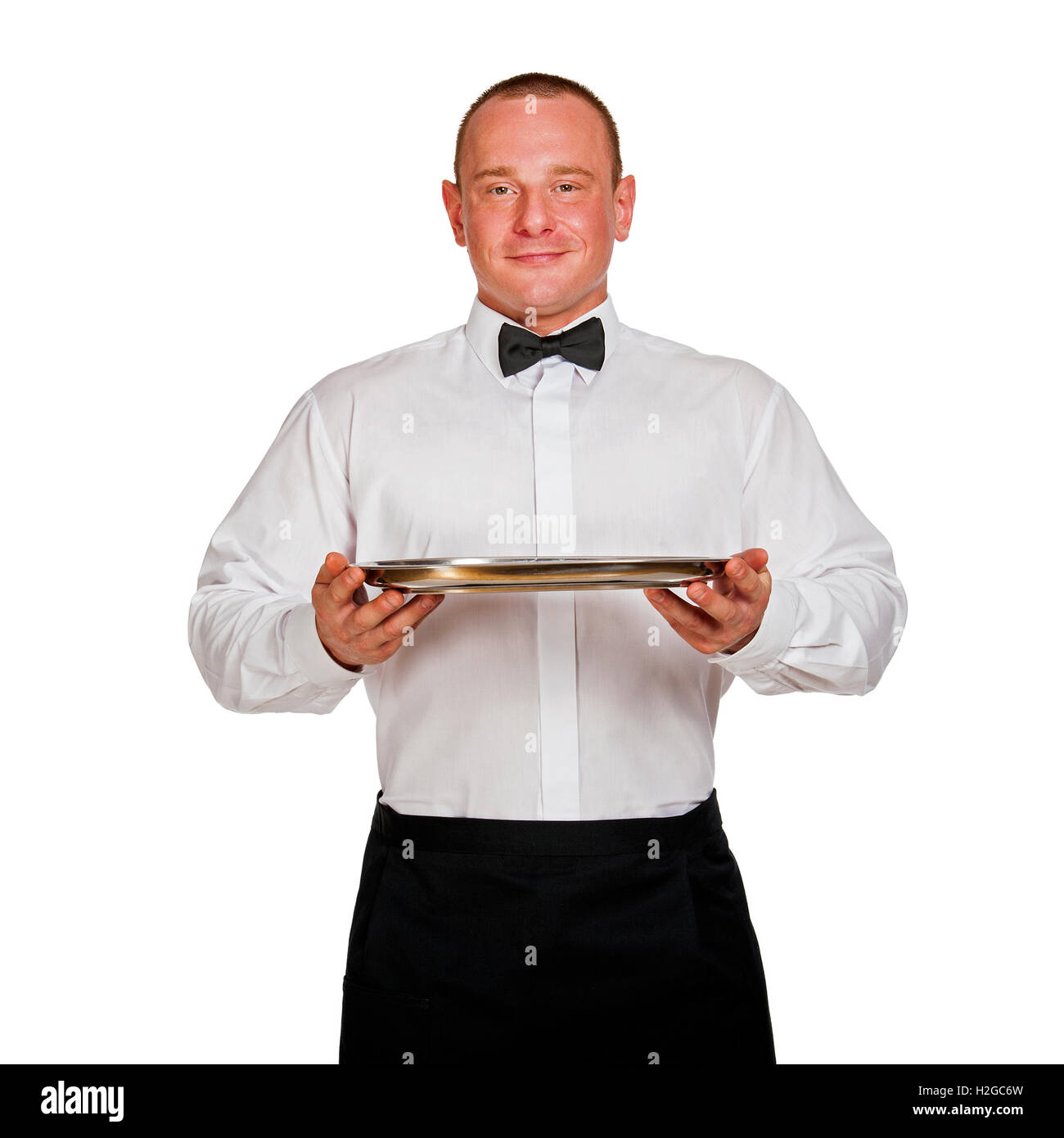 Waiter holding tray. isolated over white background Stock Photo - Alamy
