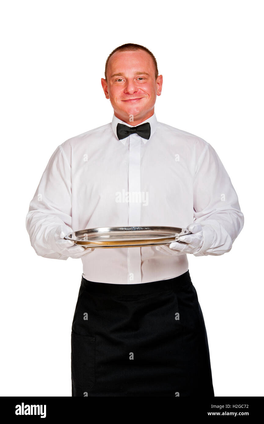 Waiter in gloves holding tray, isolated over white background Stock ... Waiter in gloves holding tray, isolated over white background Stock ...