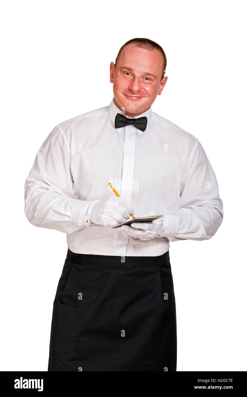 Waiter with note pad and pencil over white background Stock Photo - Alamy