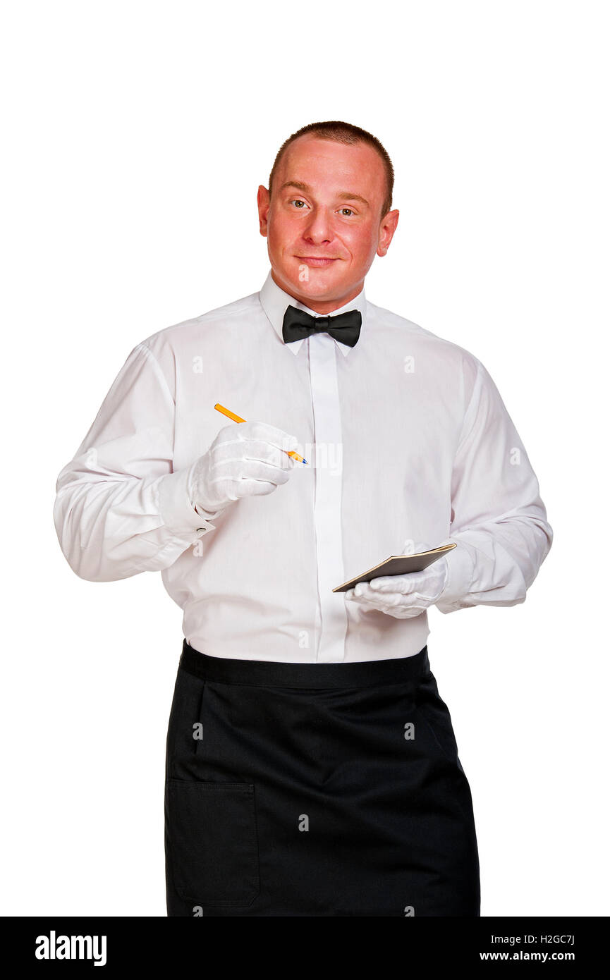 Waiter with note pad and pencil over white background Stock Photo - Alamy