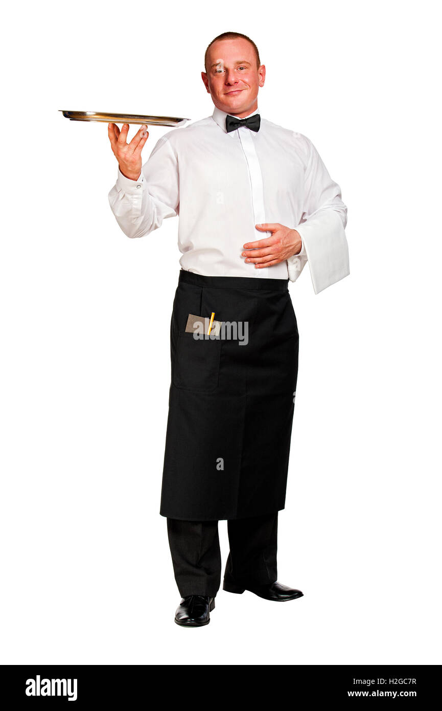 Waiter with tray over white background Stock Photo - Alamy