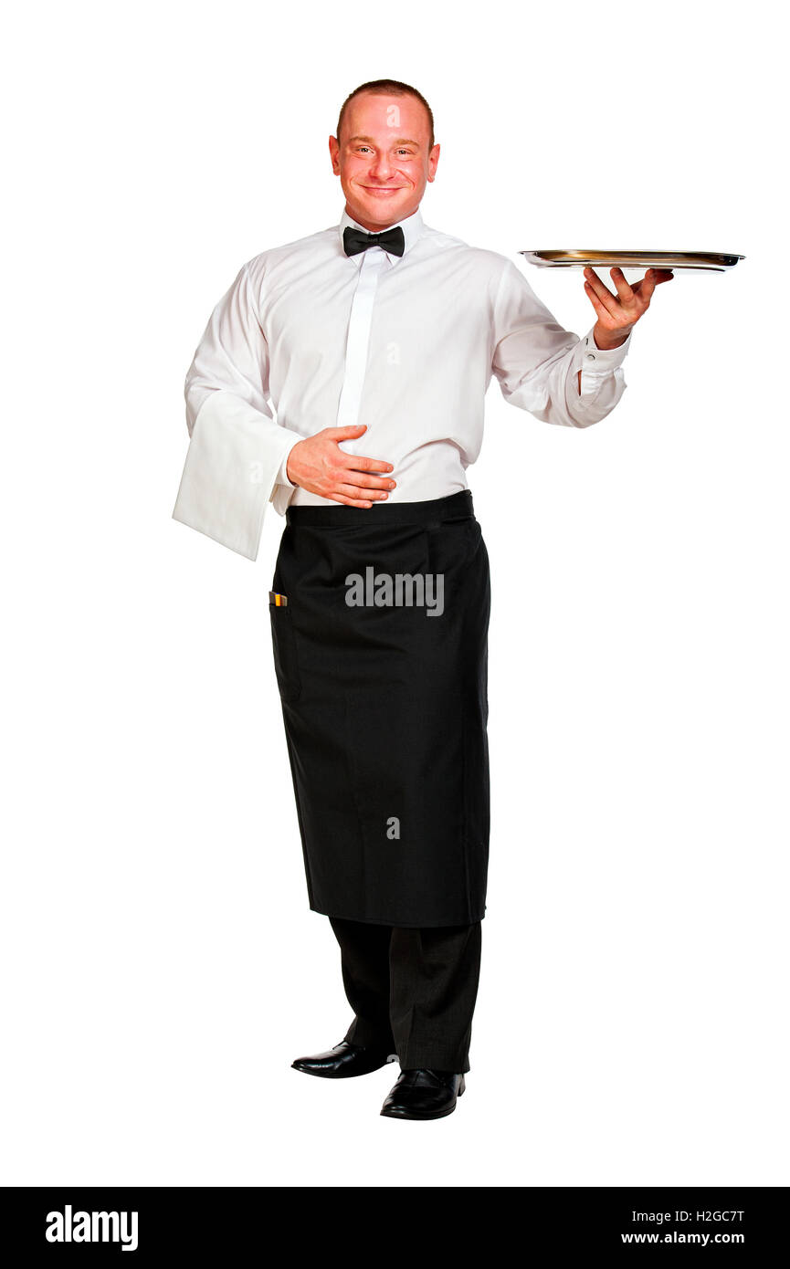 Waiter with tray over white background Stock Photo - Alamy