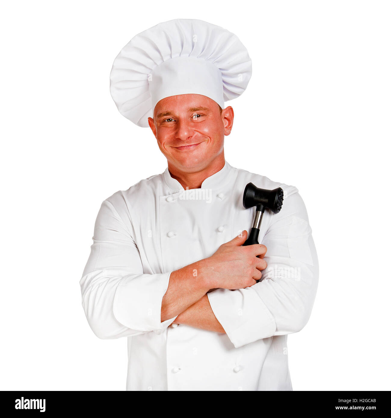 Chef man isolated over white background. Holding hammer Stock Photo - Alamy