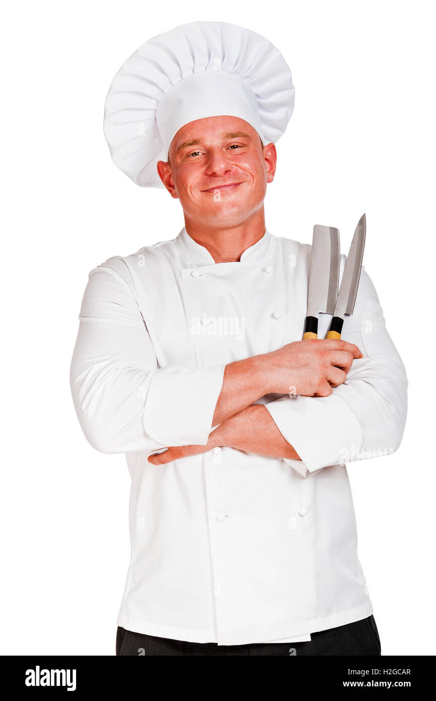 Chef man holding two knifes Stock Photo - Alamy