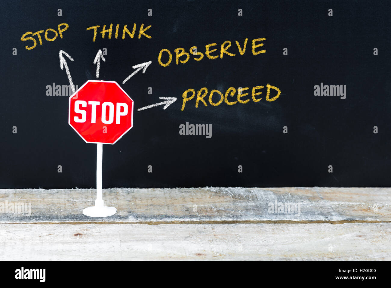Mini STOP sign as Stop, Think, Observe and Proceed, hand drawing over ...