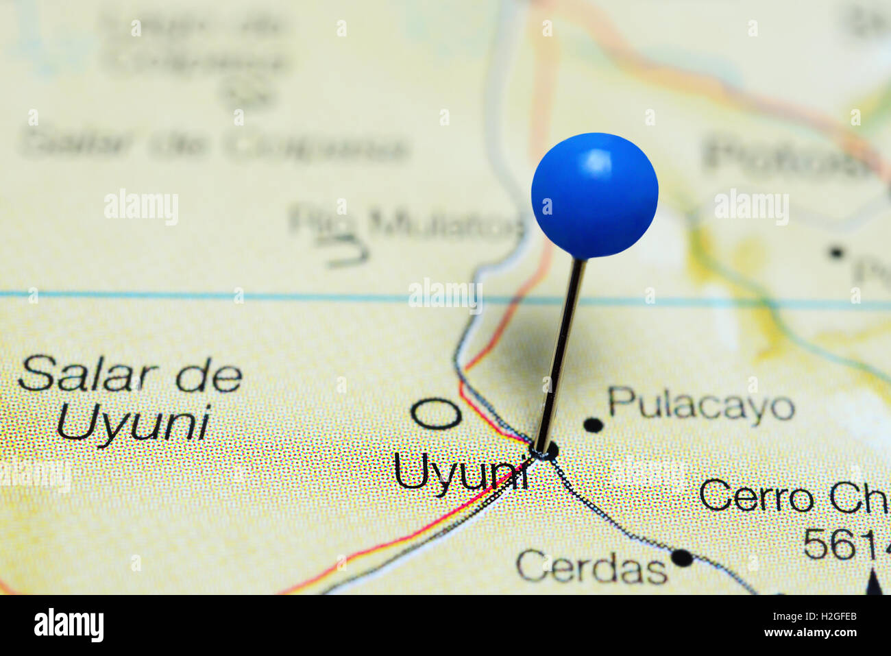 Uyuni pinned on a map of Bolivia Stock Photo - Alamy