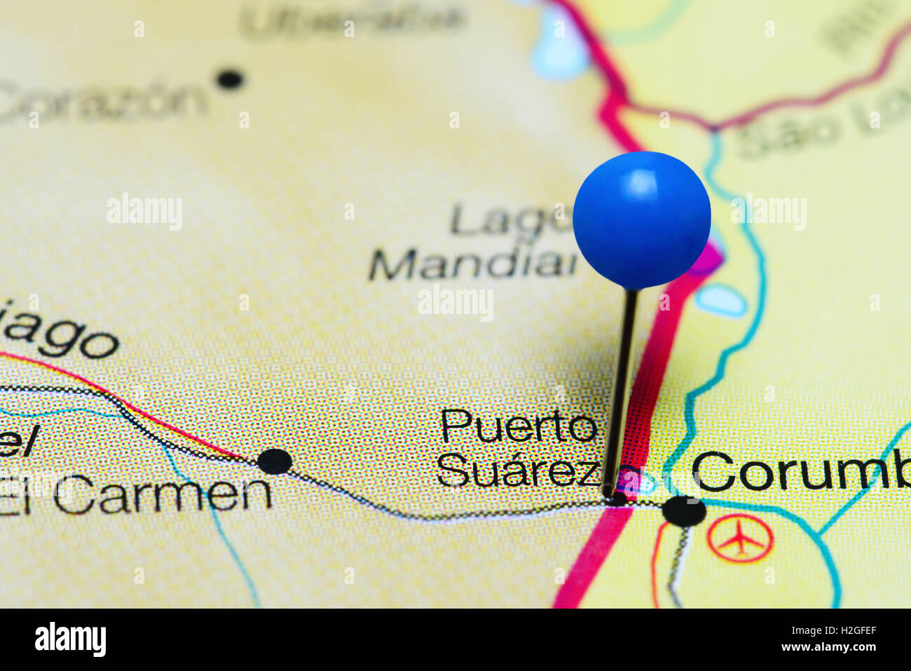 Puerto Suarez pinned on a map of Bolivia Stock Photo - Alamy