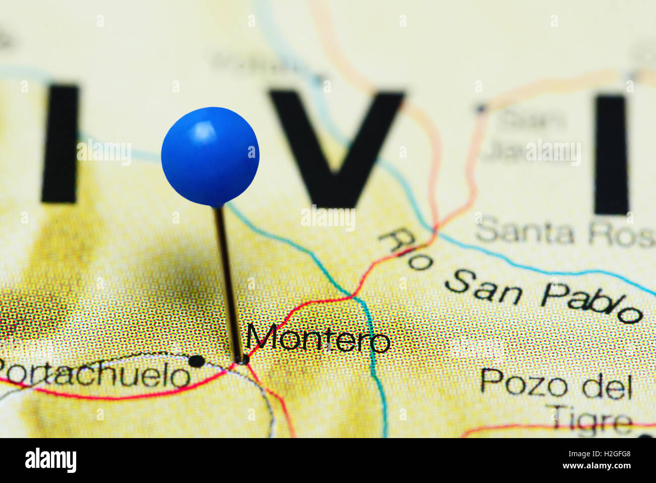 Montero pinned on a map of Bolivia Stock Photo - Alamy