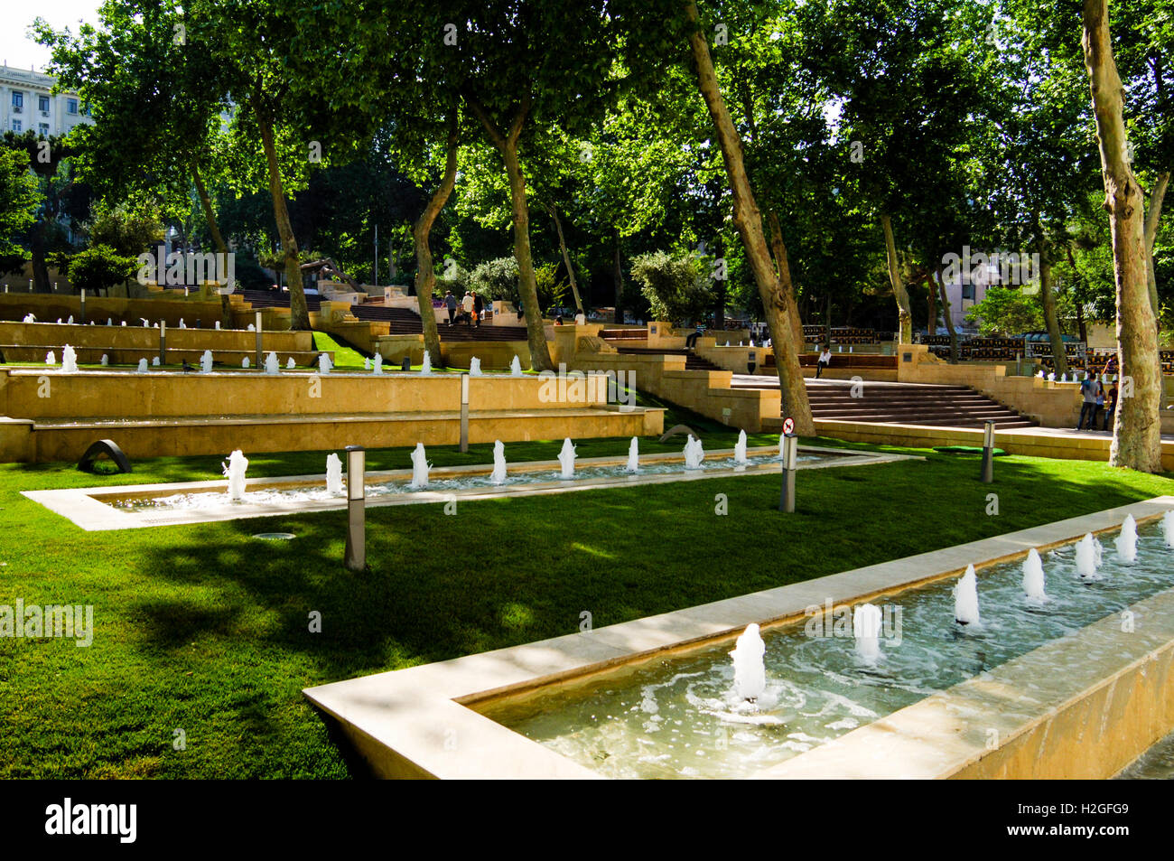 Azerbaijan, Baku. Nizami Park in central Baku with fountains Stock ...