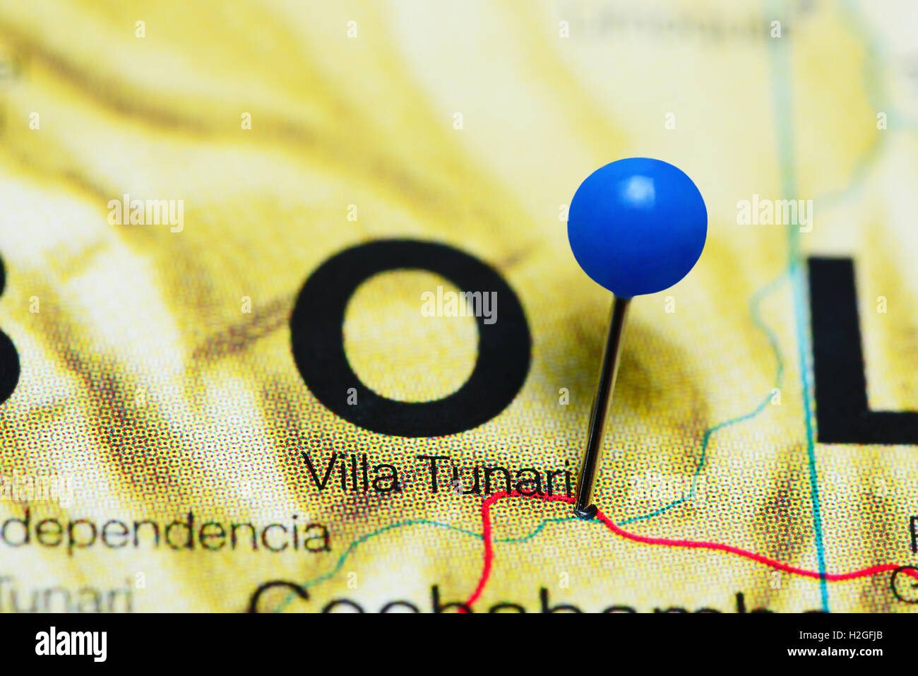 Villa Tunari pinned on a map of Bolivia Stock Photo - Alamy