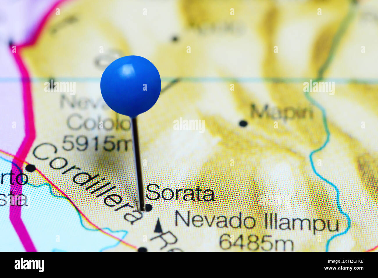 Sorata pinned on a map of Bolivia Stock Photo - Alamy