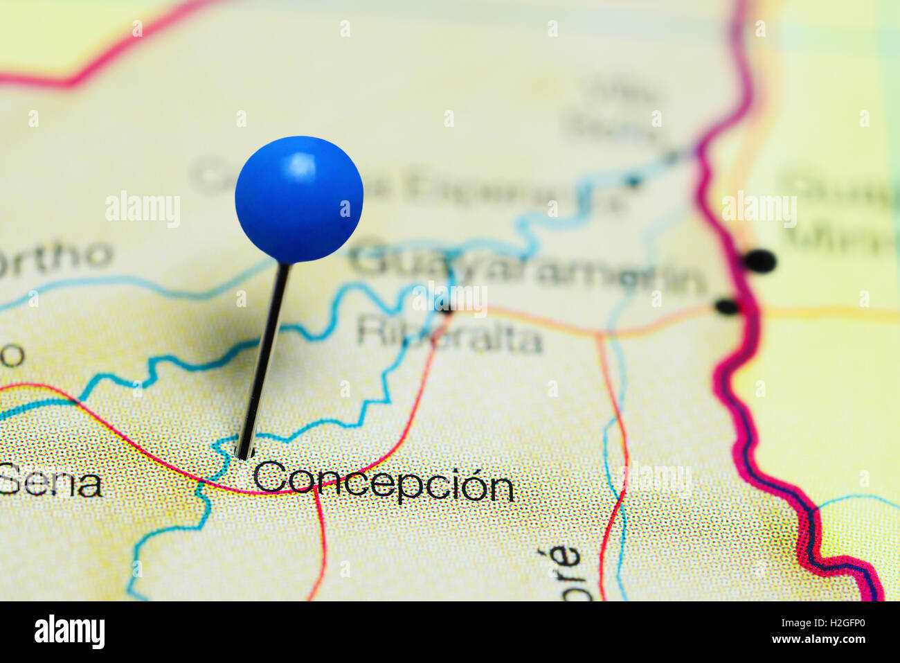 Concepcion pinned on a map of Bolivia Stock Photo - Alamy