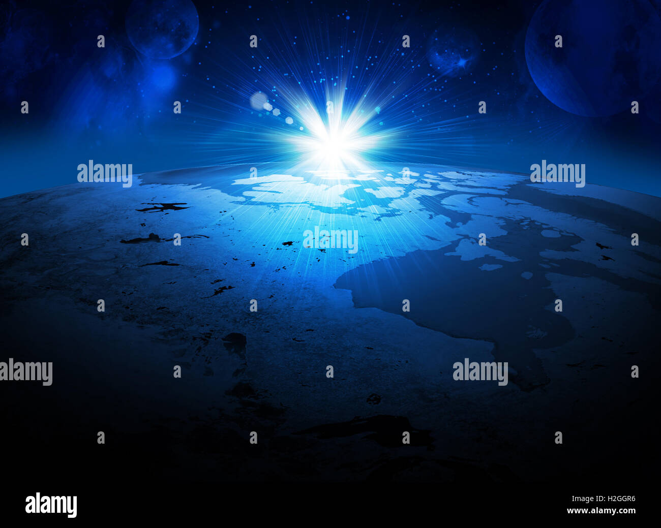 Earth planet in sun rays Stock Photo - Alamy