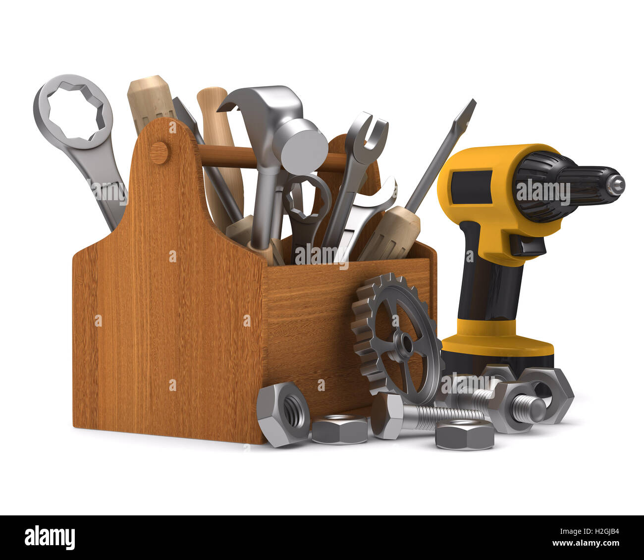Wooden toolbox with tools. Isolated 3D image Stock Photo - Alamy