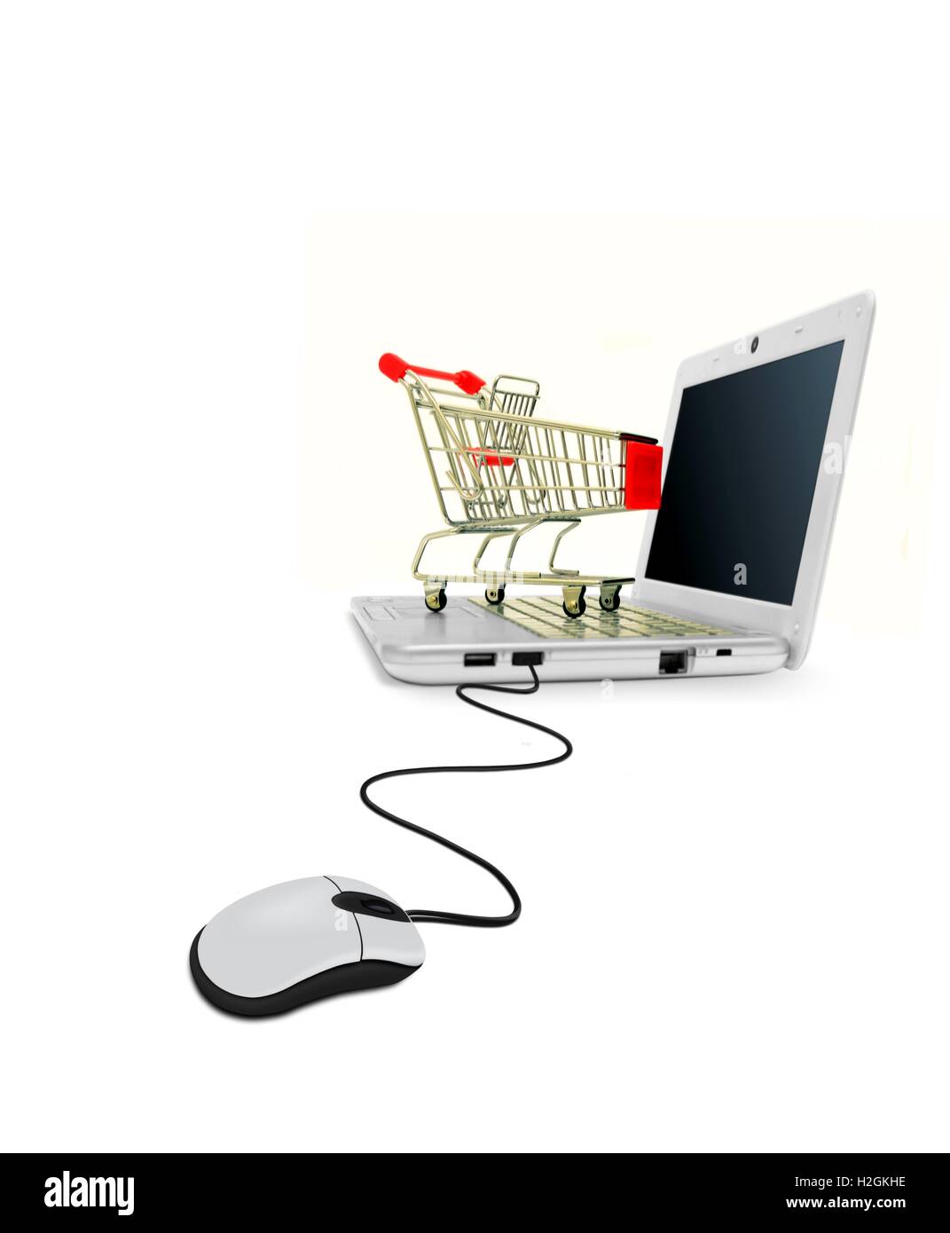 Computer Laptop with Mouse and Shopping Cart Stock Photo - Alamy