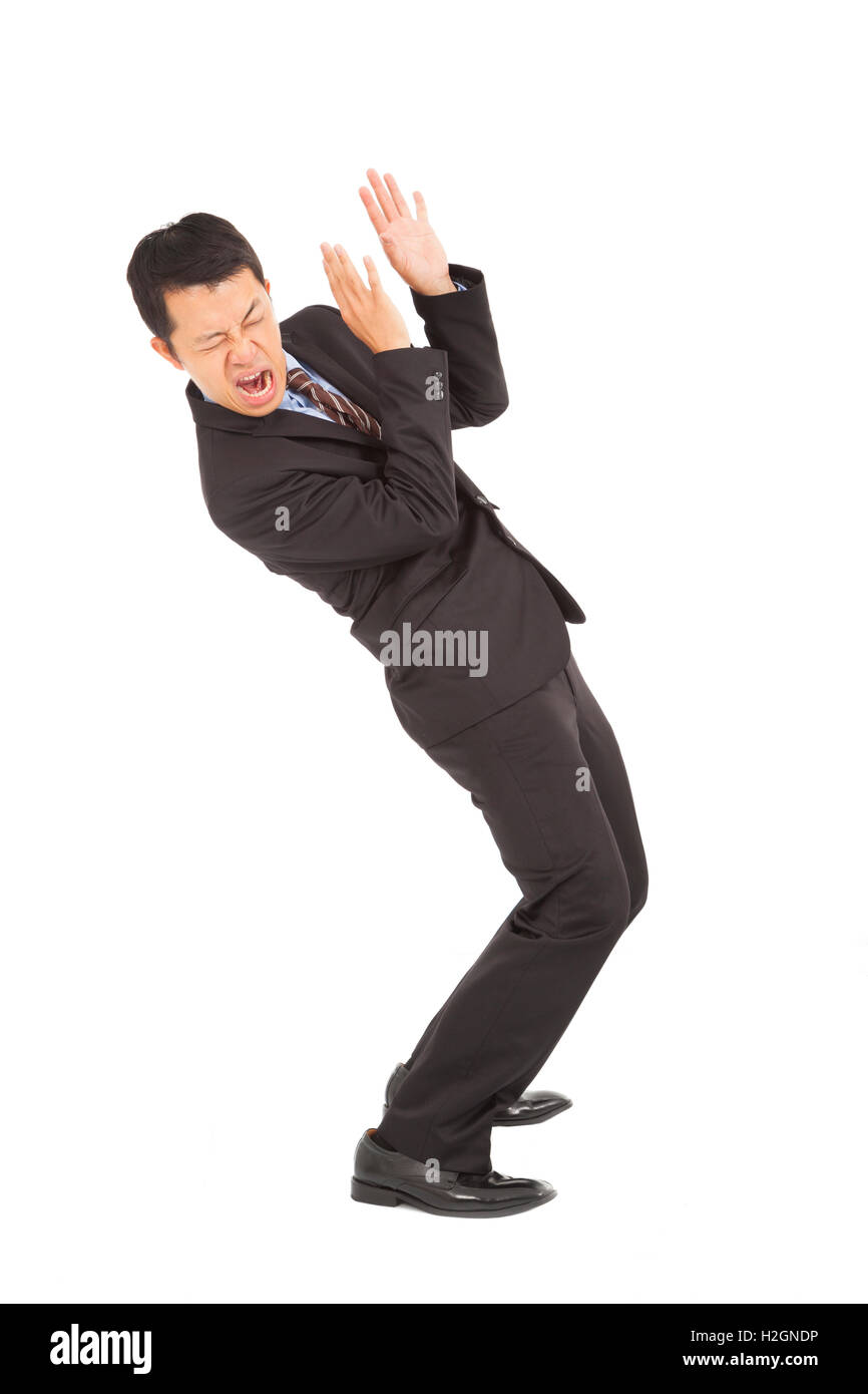 businessman scared expression and bend down Stock Photo - Alamy