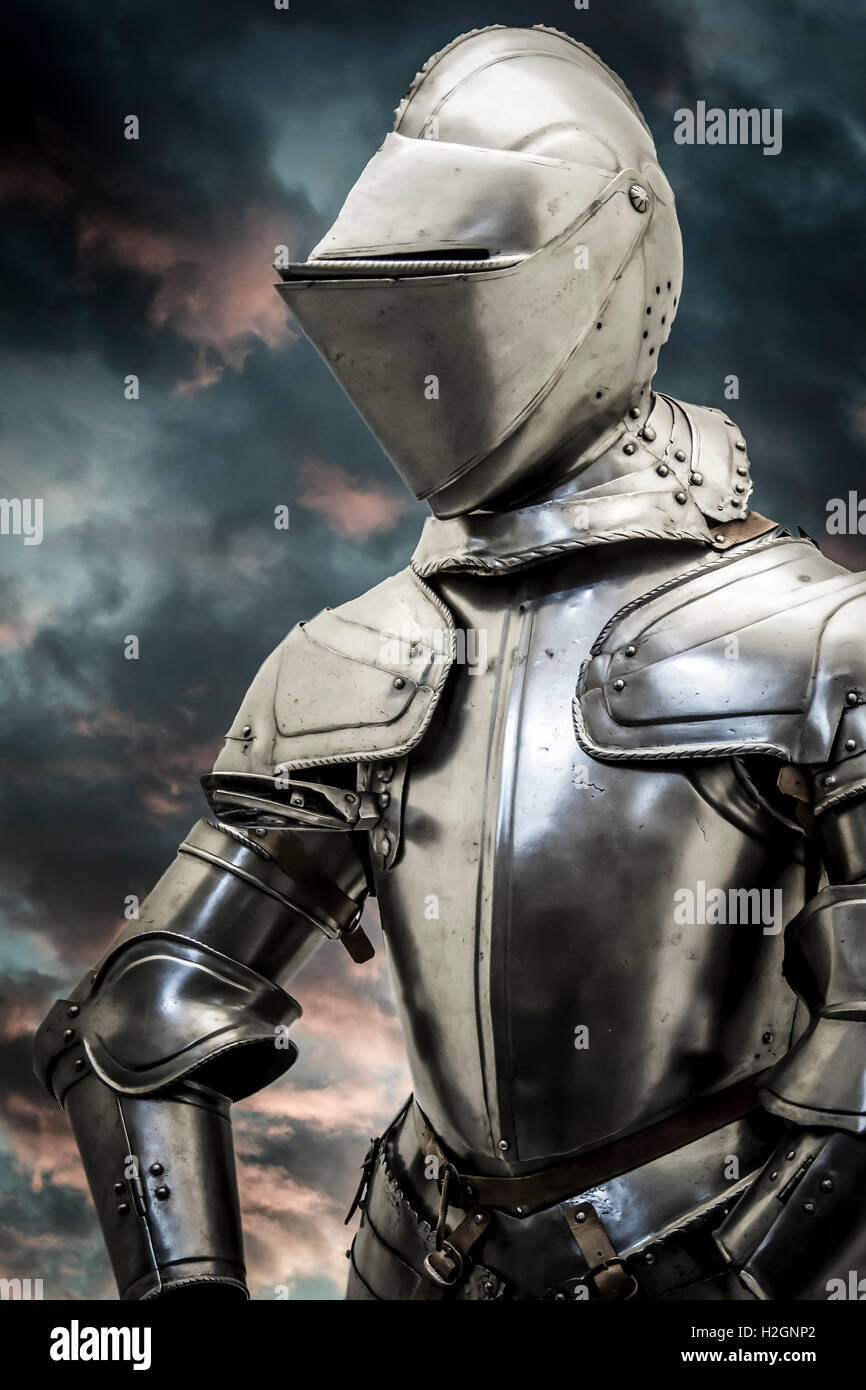 Safety.Medieval armor over clouds background. Concept of firewal Stock ...