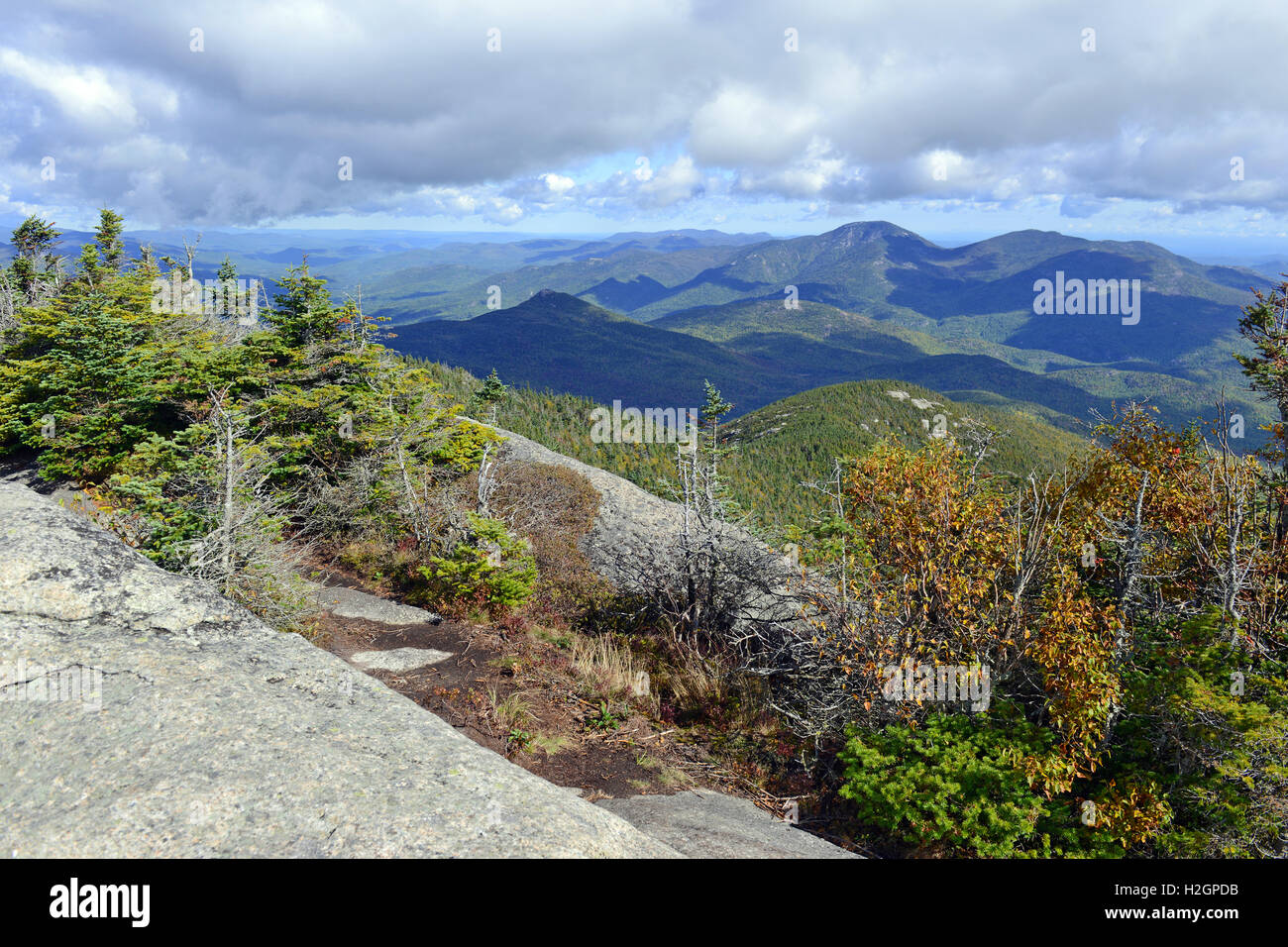 Alpine view from summit of a 46er with vast forests clouds and ...