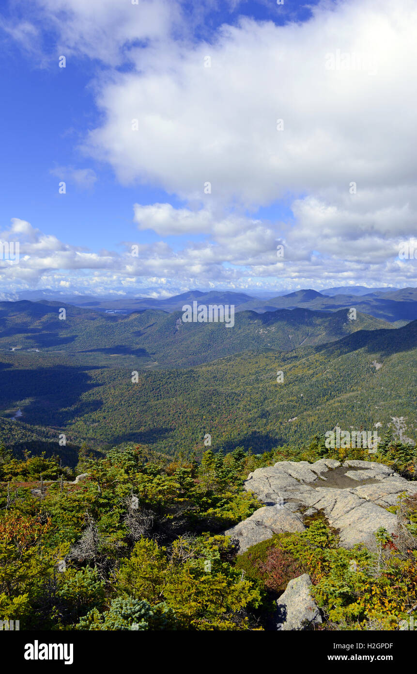 Alpine view from summit of a 46er with vast forests clouds and ...