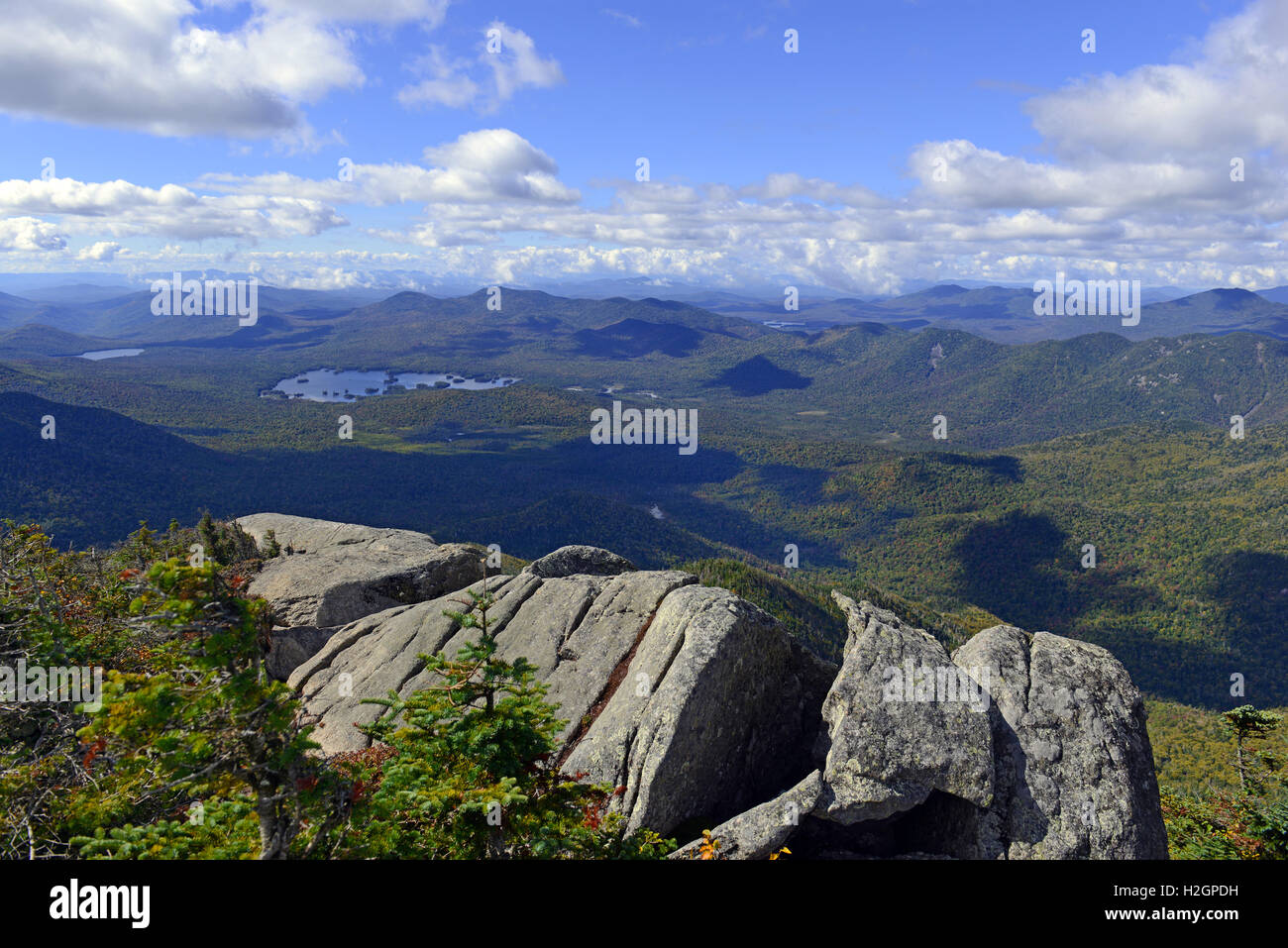 Alpine view from summit of a 46er with vast forests clouds and ...