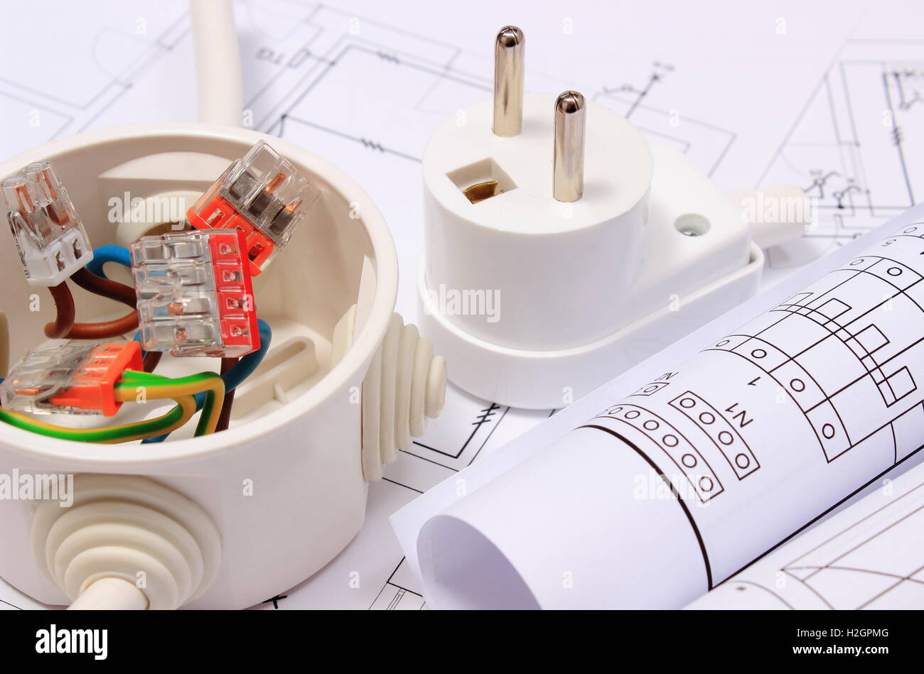 Copper wire connections in electrical box, rolls of electrical diagrams ...